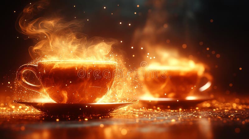 Two Coffee Cups with Steaming Liquid Surrounded by Sparks and Flames in ...