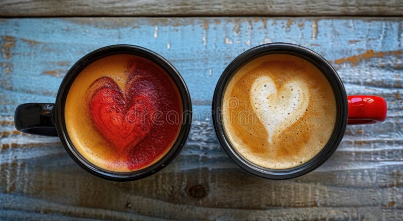 Two Coffee Drinks on Top of a Wooden Table with Valentine Hearts Stock ...