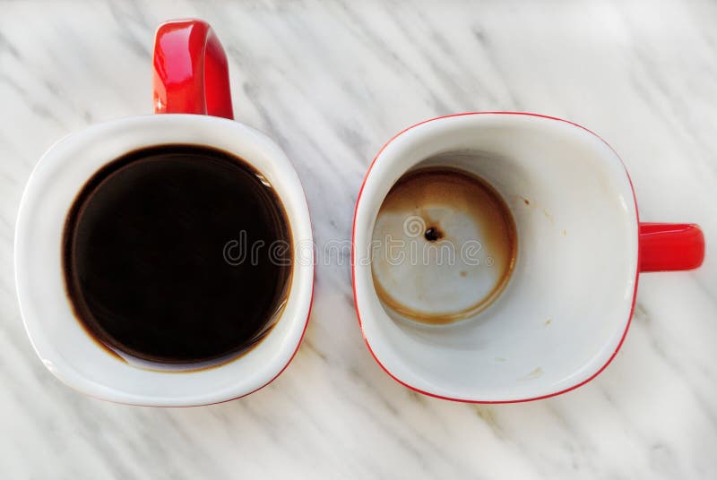 Empty and Full Cup of Fresh Coffee on Vintage Blue Table Stock Photo ...