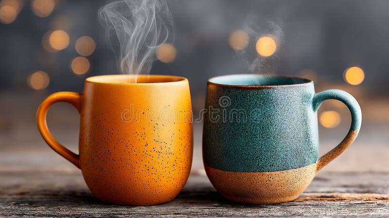 Two Coffee Mugs with Steam Coming Out of Them Stock Photo - Image of ...