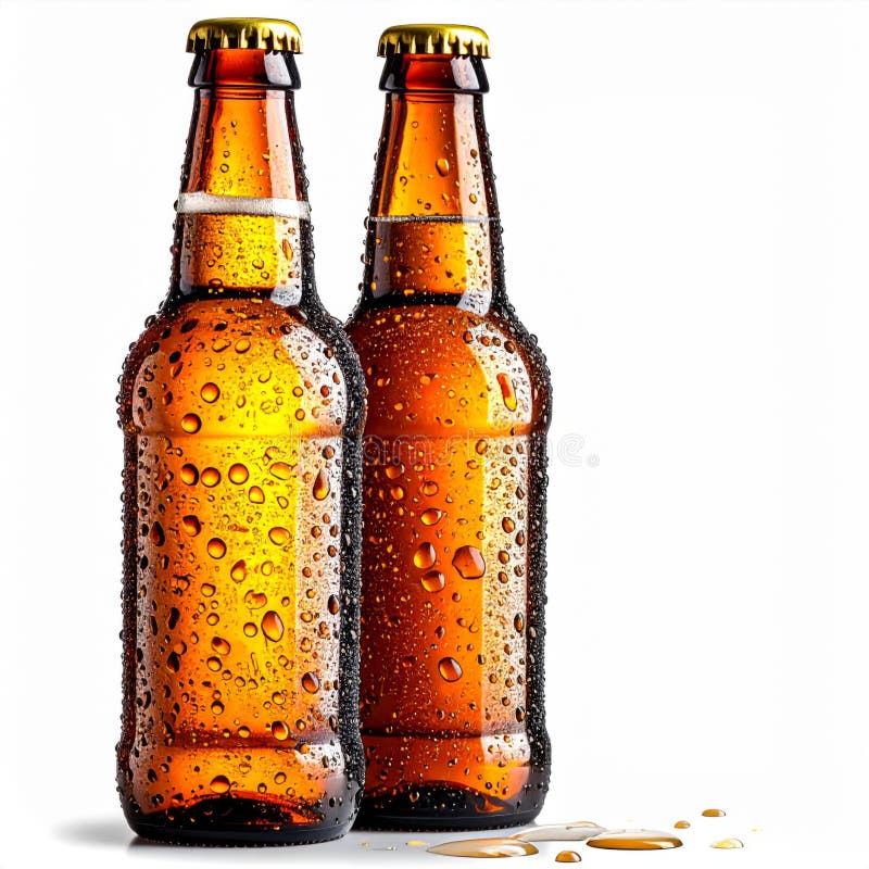 Two Cold Amber Beer Bottles with Water Droplets Stock Illustration - Illustration of closeup ...