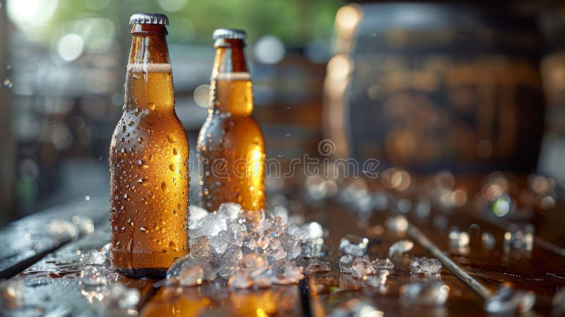 Two Cold Beer Bottles with Condensation and Ice on a Wooden Table ...