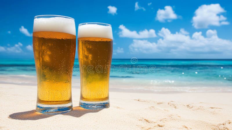 Two Cold Beers on a Sunny Beach with Ocean Waves in the Background ...