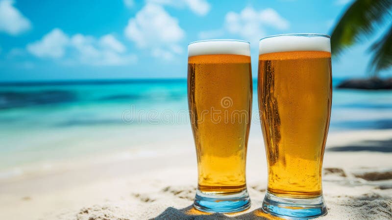 Two Cold Glasses of Beer on Tropical Beach Against Blue Ocean ...