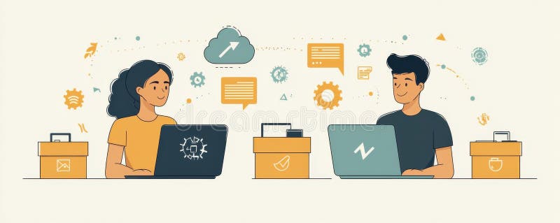 Two Collaborators Working on Laptops with Teamwork and Technology ...