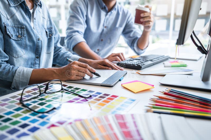 Two Colleague Creative Graphic Designer Working on Color Selection and ...