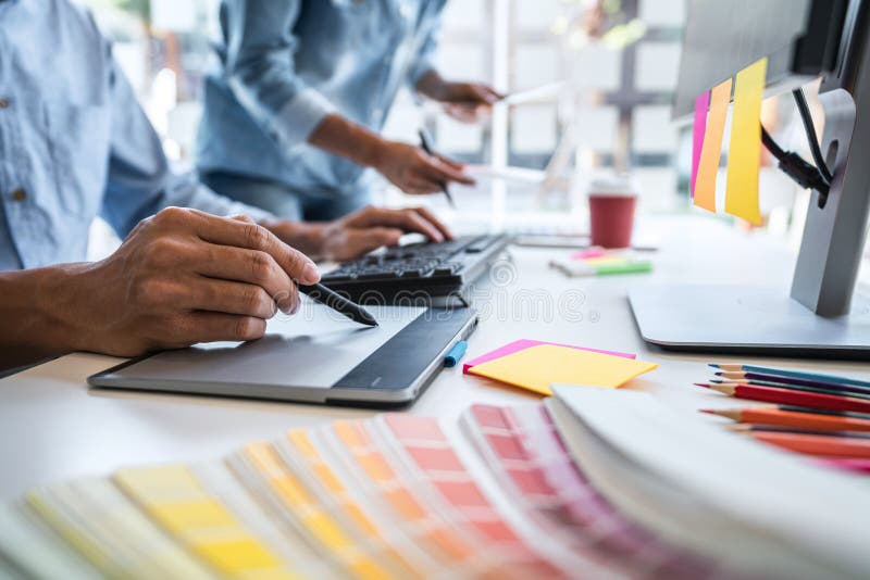 Two Colleague Creative Graphic Designer Working on Color Selection and ...