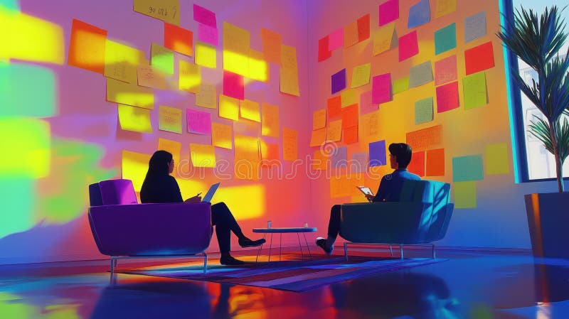 Two Colleagues Brainstorm Ideas Using Colorful Sticky Notes on a Wall ...