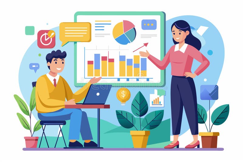 Two Colleagues Collaborate on Company Data while Discussing Charts and ...