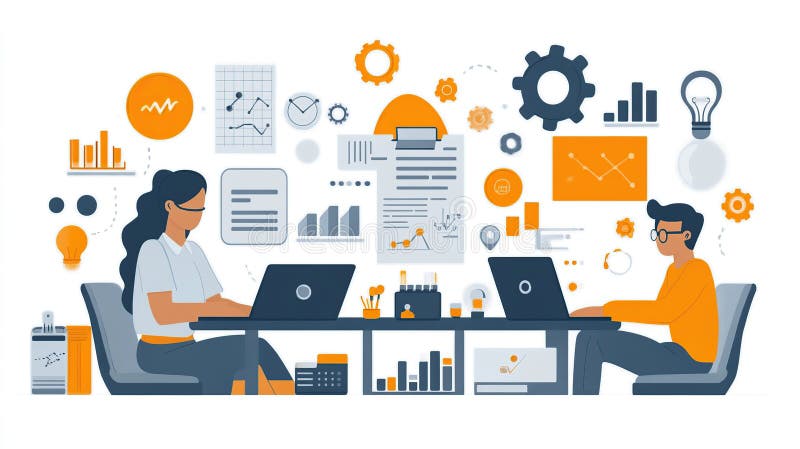 Two Colleagues Collaborate on Data Analysis Projects at a Desk ...