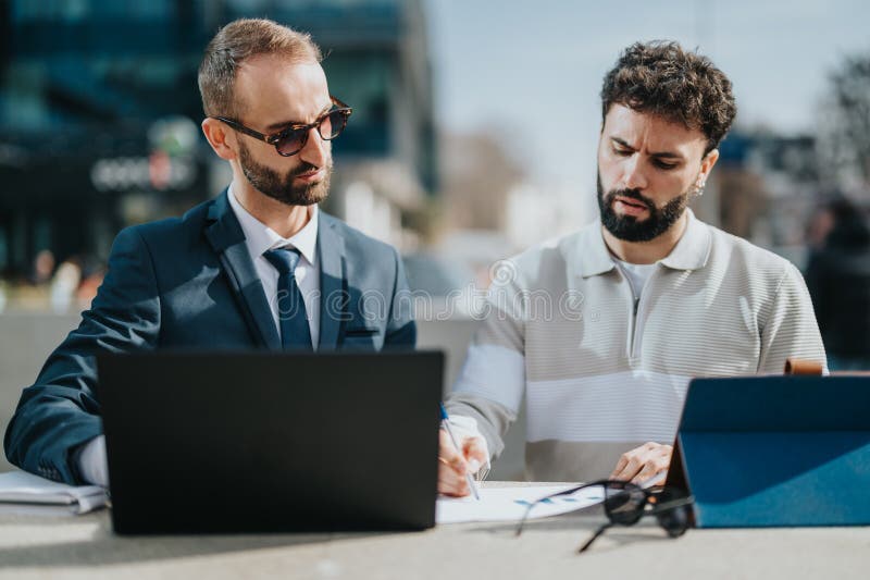 Two Coworkers Discussing Work with Laptops Outdoors in a Business ...