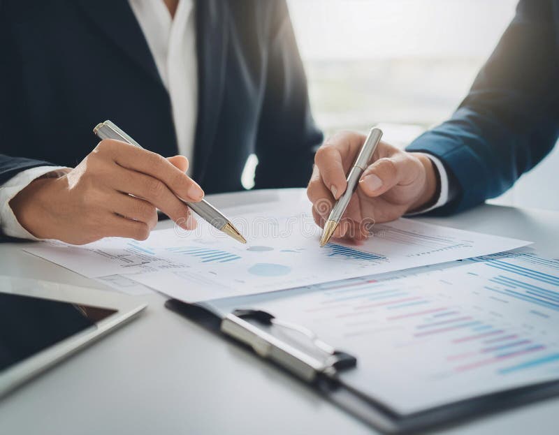 Two Colleagues Collaborate on Project Documents in Modern Office Space ...