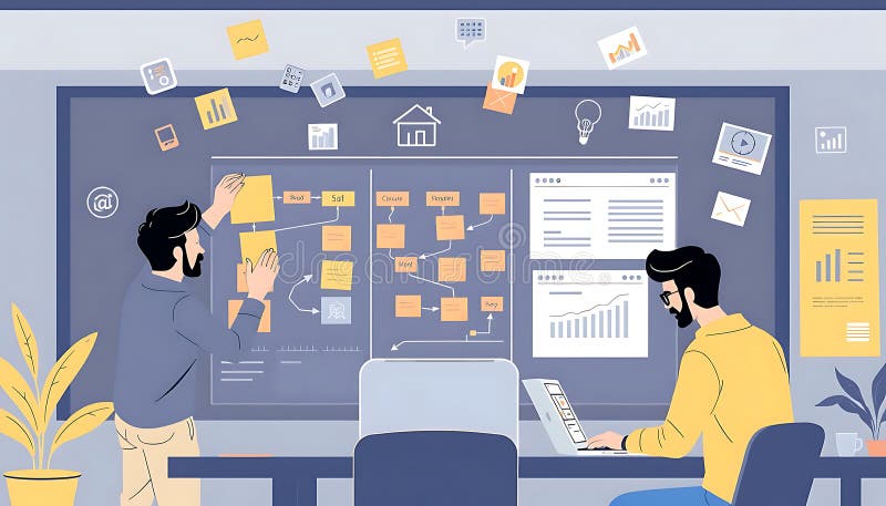 Two Colleagues Collaborate on a Project Using a Visual Planning Board ...