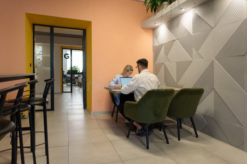 Two Colleagues Collaborating in a Modern Office with Geometric Wall ...