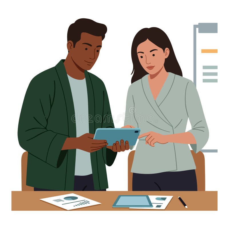 Two Colleagues Collaborating on Tablet in Office Workspace Discussing ...