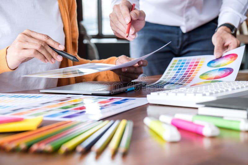 Two Colleagues Creative Graphic Designer Working on Color Selection and ...
