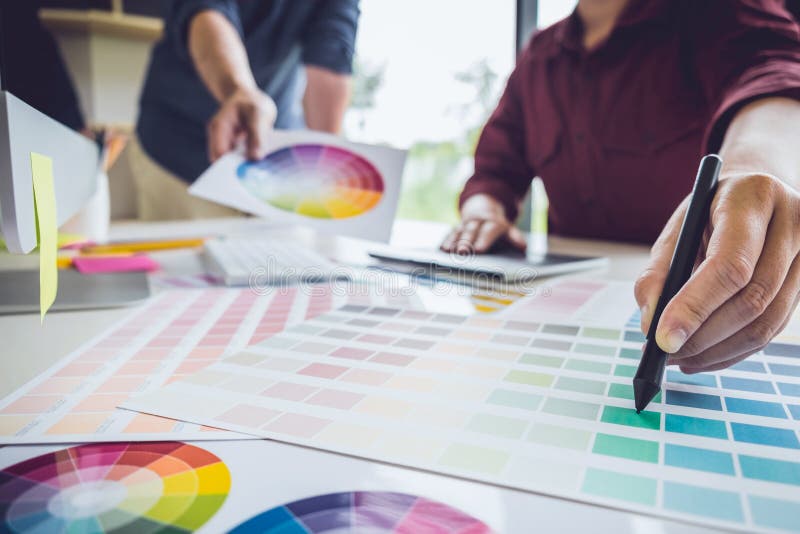 Two Colleagues Creative Graphic Designer Working on Color Selection and ...