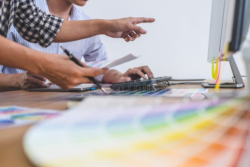 Two Colleagues Creative Graphic Designer Working on Color Selection and ...