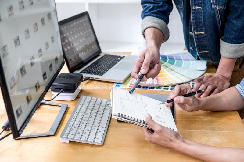 Two Colleagues Creative Graphic Designer Working on Color Selection and ...