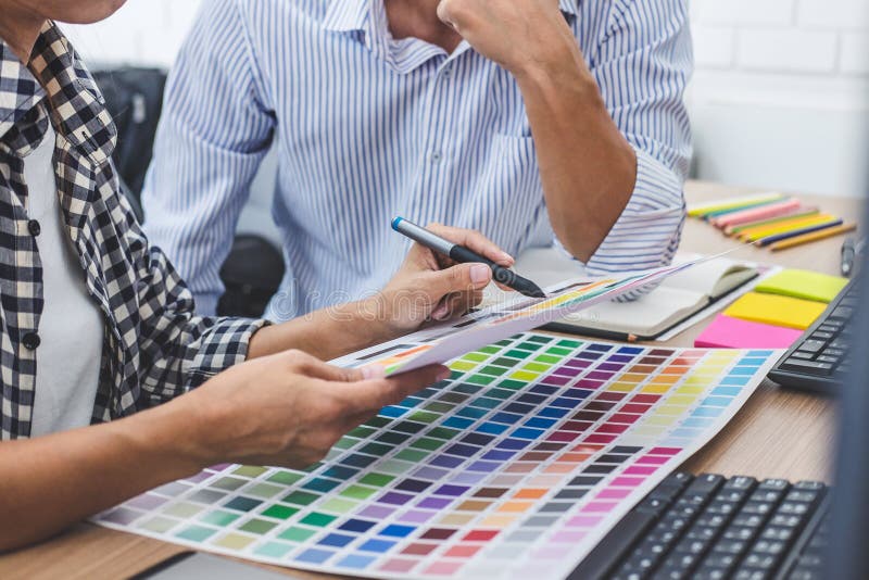 Two Colleagues Creative Graphic Designer Working on Color Selection and ...