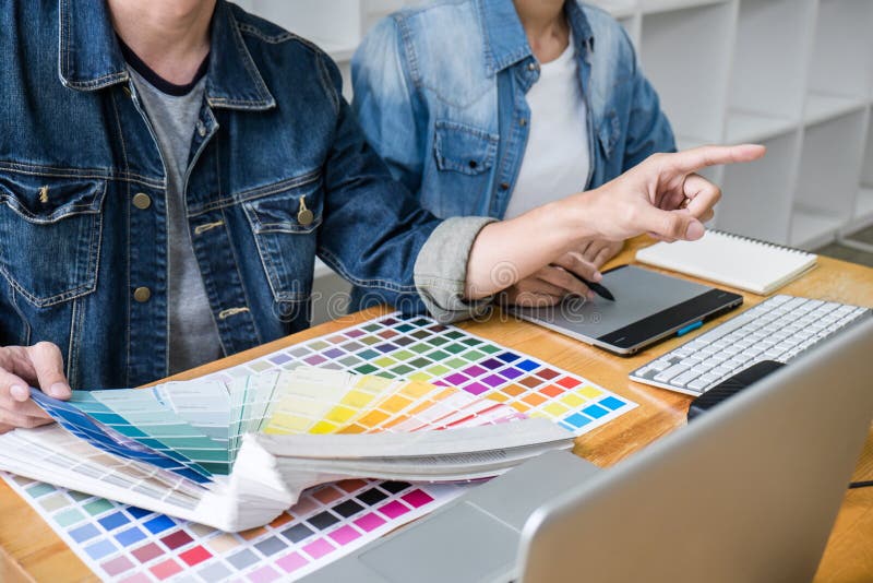 Two Colleagues Creative Graphic Designer Working on Color Selection and ...