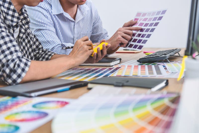 Two Colleagues Creative Graphic Designer Working on Color Selection and ...