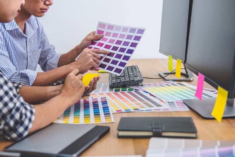 Two Colleagues Creative Graphic Designer Working on Color Selection and ...