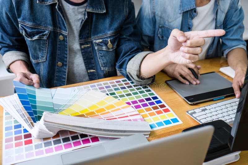 Two Colleagues Creative Graphic Designer Working on Color Selection and ...