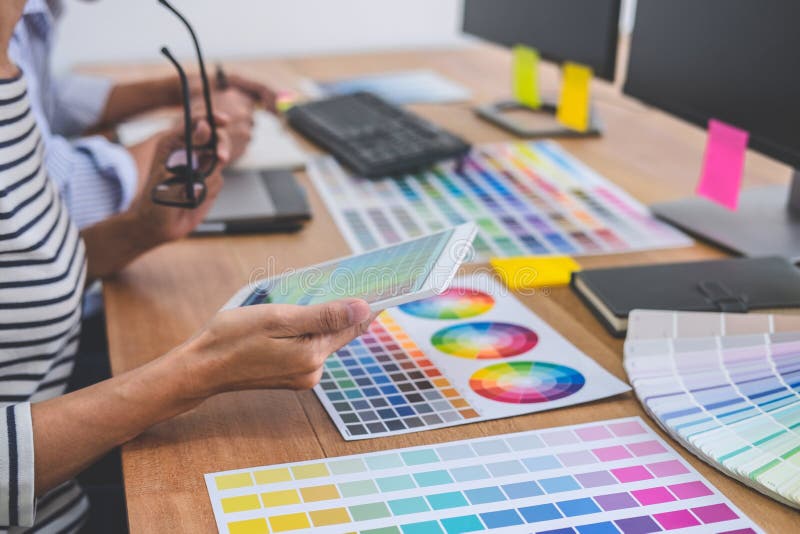 Two Colleagues Creative Graphic Designer Working on Color Selection and ...
