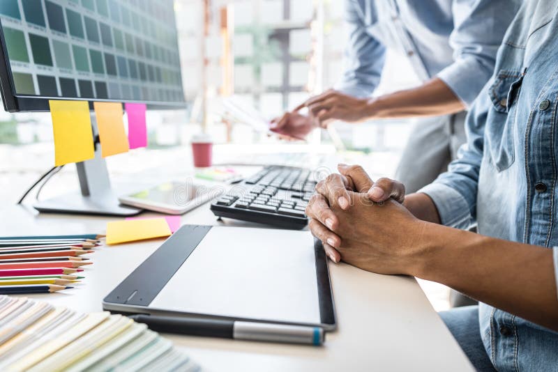 Two Colleagues Creative Graphic Designer Working on Color Selection and ...