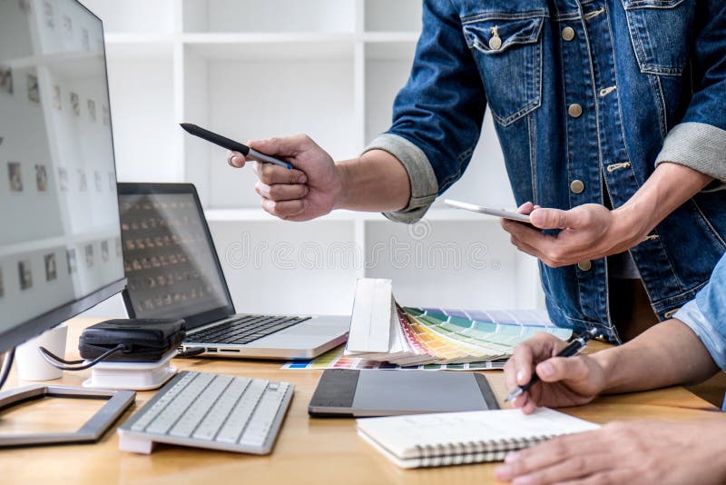 Two Colleagues Creative Graphic Designer Working on Color Selection and ...