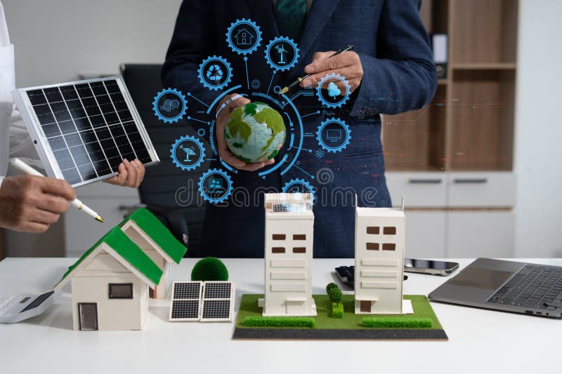 Two Colleagues Discussing Data Sustainable Development with Renewable ...