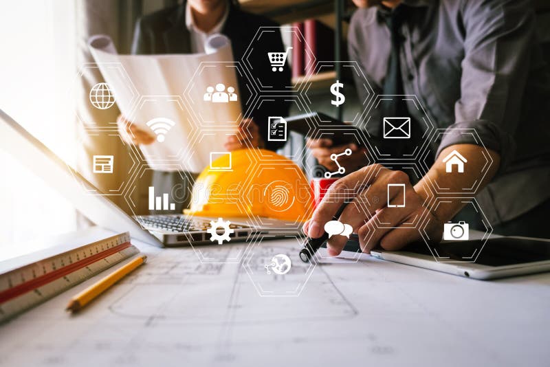 Creative Architect Projecting on the Big Drawings in the Dark Loft ...