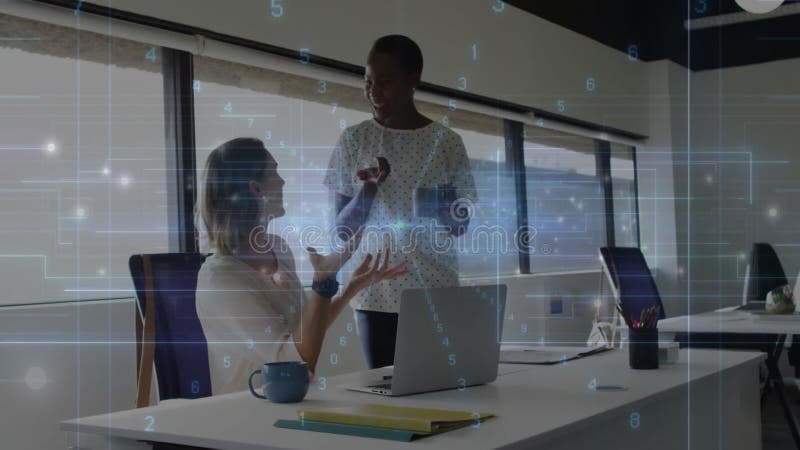 Two Colleagues Discussing at Office with Digital Data Overlay Animation ...
