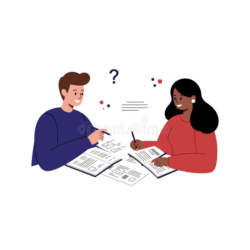 Two Colleagues Discussing Project Ideas and Sharing Notes at a Table ...