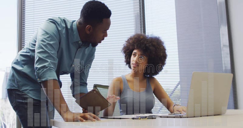 Two Colleagues Discussing Work at Office with Sound Wave Animation ...