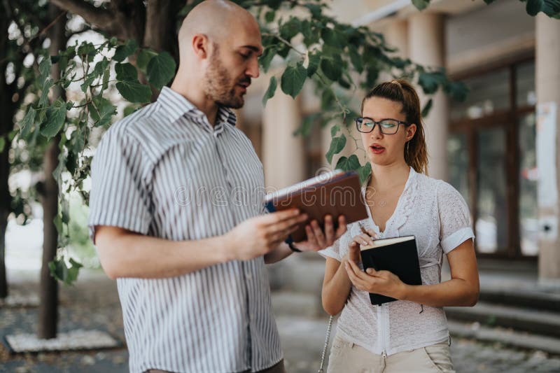 Two Colleagues Discussing Work Outdoors with Notepads and Documents in ...