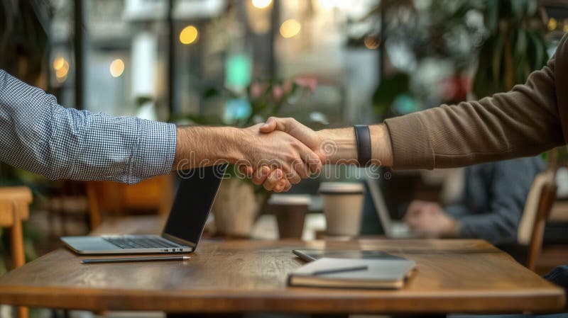 Colleagues Shake Hands in a Cozy Coffee Shop with Laptops and a ...