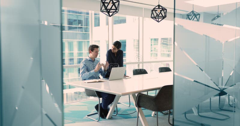 Two Colleagues Share Ideas Working on Collaborative Task Use Laptop ...