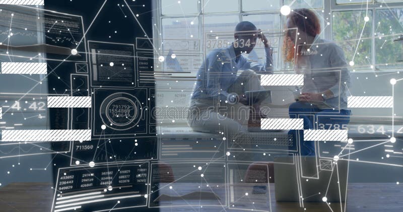 Two Colleagues Sitting Bench in Office Tech Hub, Holding Tablet ...