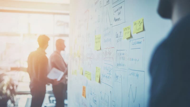 Two Colleagues Stand in Front of a Whiteboard Covered in Sticky Notes ...