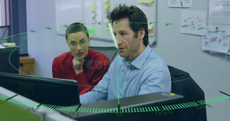 Two Colleagues Working at Computer with Digital Radar Animation Overlay ...