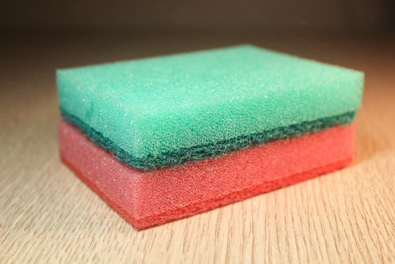 Two Colored Cleaning Sponges are on the Table: Red and Green Stock ...