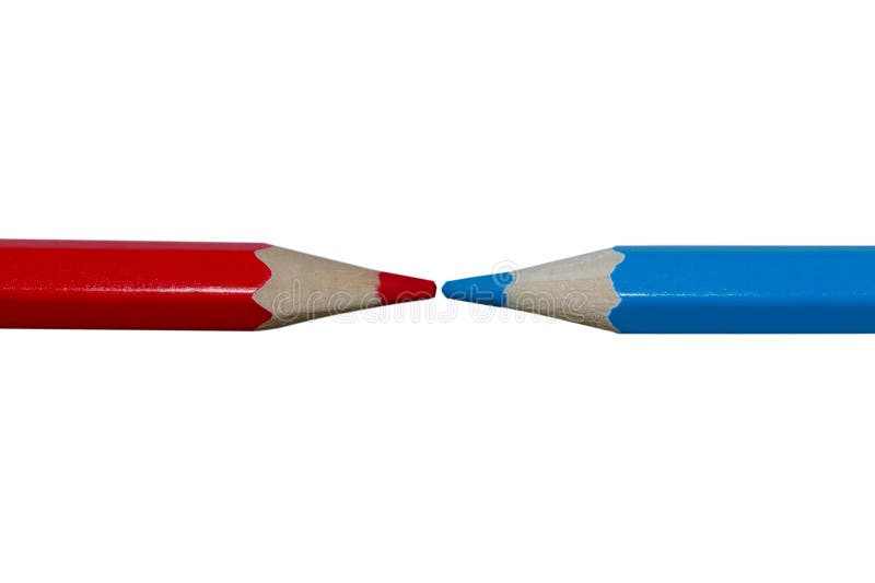 Two Colored Pencils, Red and Blue, Pointing at Each Other Tip To Stock ...