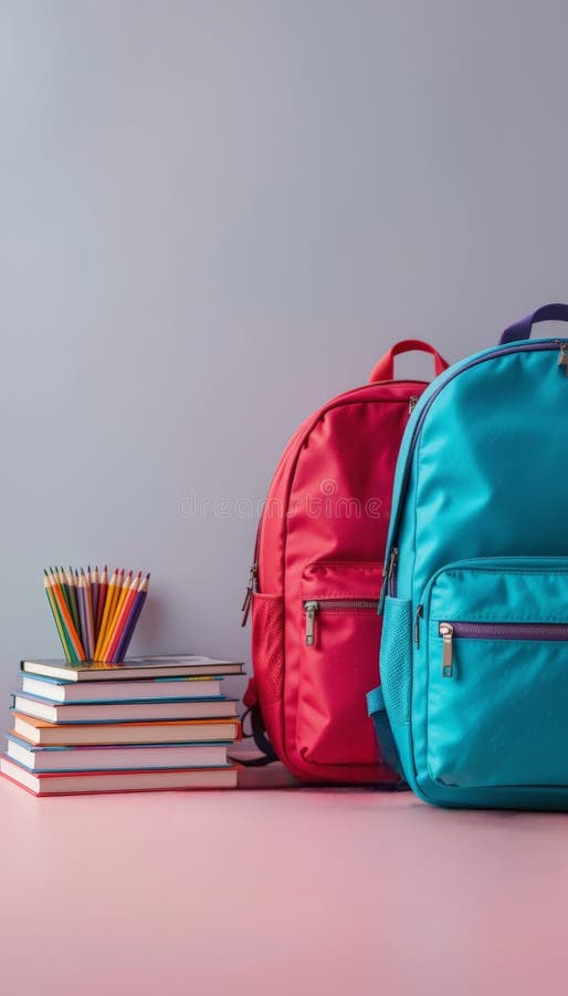 Two Colorful Backpacks, One Red and One Blue, Positioned beside a Stack ...
