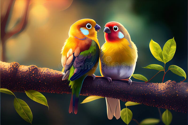 Two Colorful Birds Sitting on a Branch of a Tree Together Stock ...