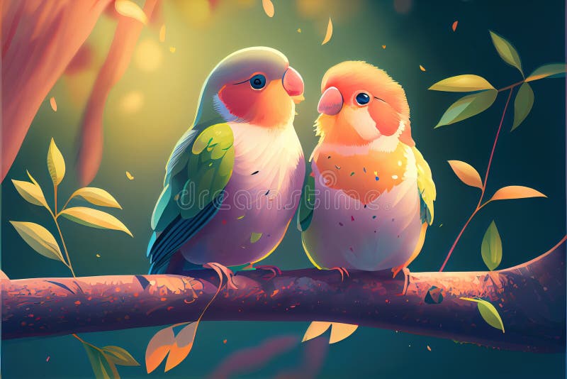 Two Colorful Birds Sitting on a Branch of a Tree Together Stock ...