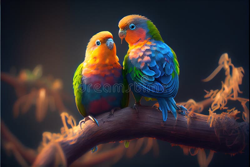 Two Colorful Birds Sitting on a Branch of a Tree Together Stock ...