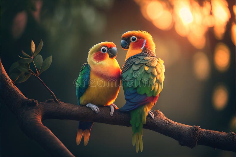 Two Colorful Birds Sitting on a Branch of a Tree Together Stock ...