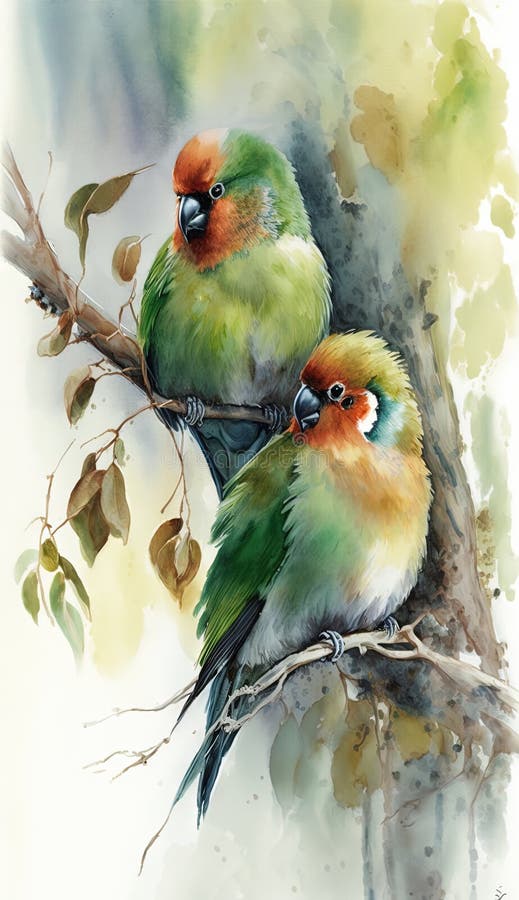 Two Colorful Birds Sitting on a Branch of a Tree Together. Generative ... Two Colorful Birds Sitting on a Branch of a Tree Together. Generative ...